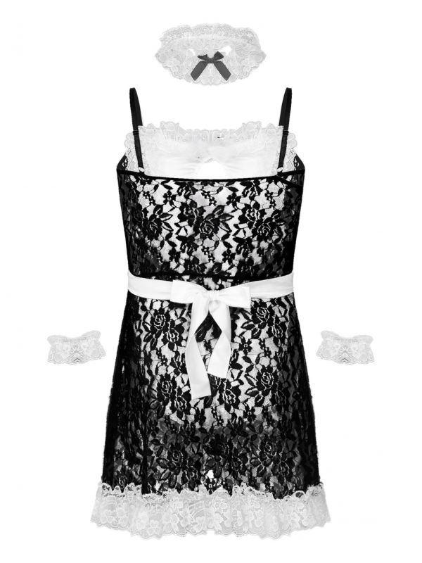 Iefiel Mens Sissy Maid Cosplay Outfit See Through Floral Lace Dress