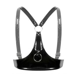 Womens Open Cup Bra Tops Patent Leather O Ring Crop Top with Adjustable ...