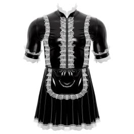 Men Sissy Maid Costume PVC Leather Dress with Apron Set