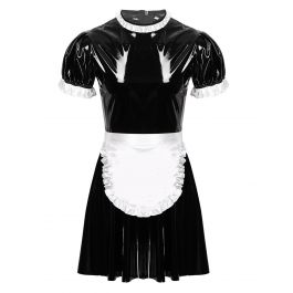 Men Sissy Maid Costume Short Sleeve Patent Leather Dress with Apron