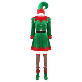 Adult 5pcs Christmas Elf Costume Velvet Dress Outfits