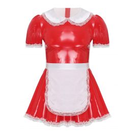 Men Sissy Wetlook Maid Costume A-line Dress with Apron