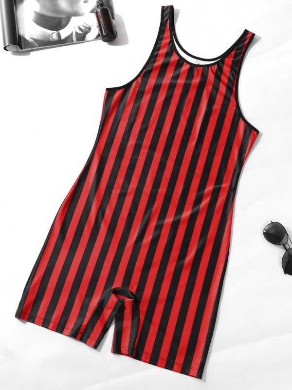 iEFiEL Mens Striped Wrestling Singlet Bodysuit Stretchy Sleeveless ...