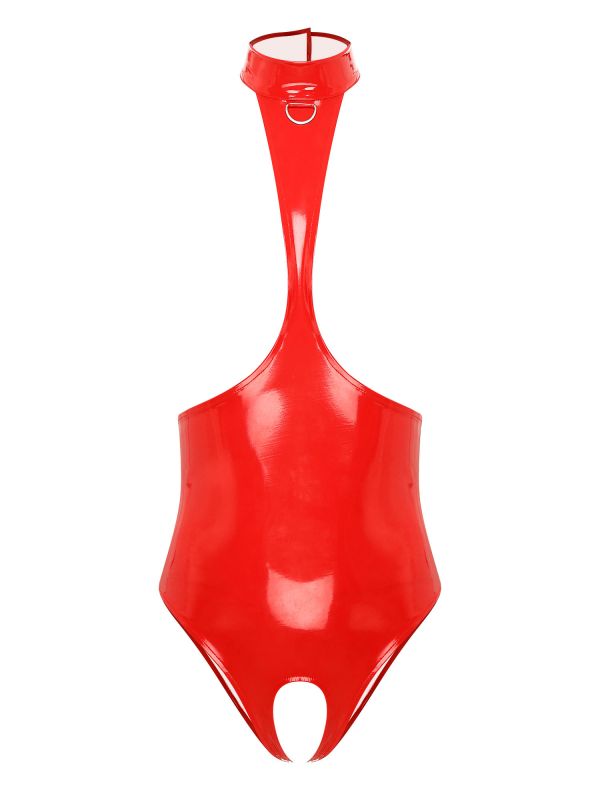 Womens Wet Look Open Chest Halter Bodysuit