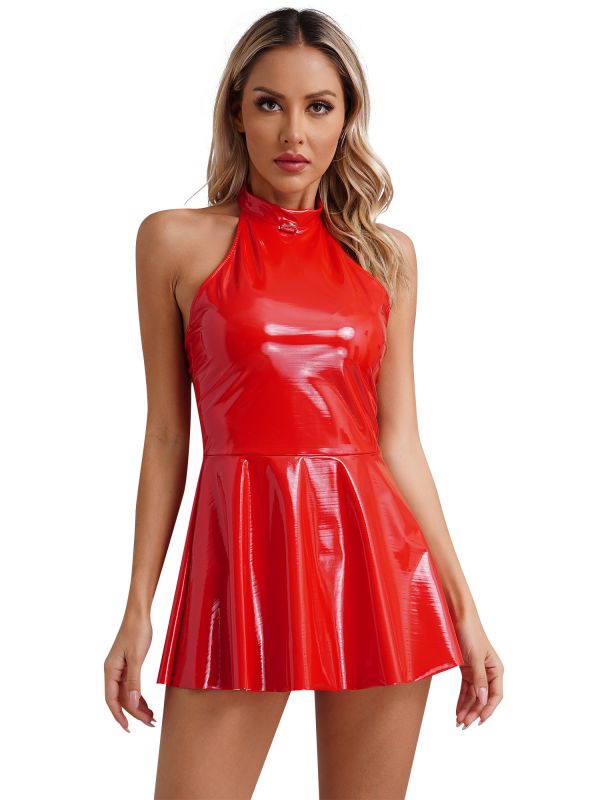 Womens Wet Look Glossy Patent Leather Dress Clubwear